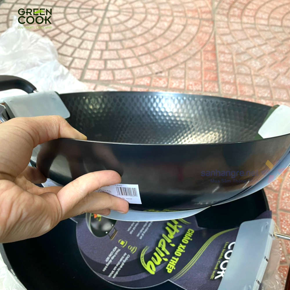 Chảo xào thép vân kim cương sâu lòng Greencook GCW02-32IH size 32cm đáy từ - 399,000 | Sanhangre