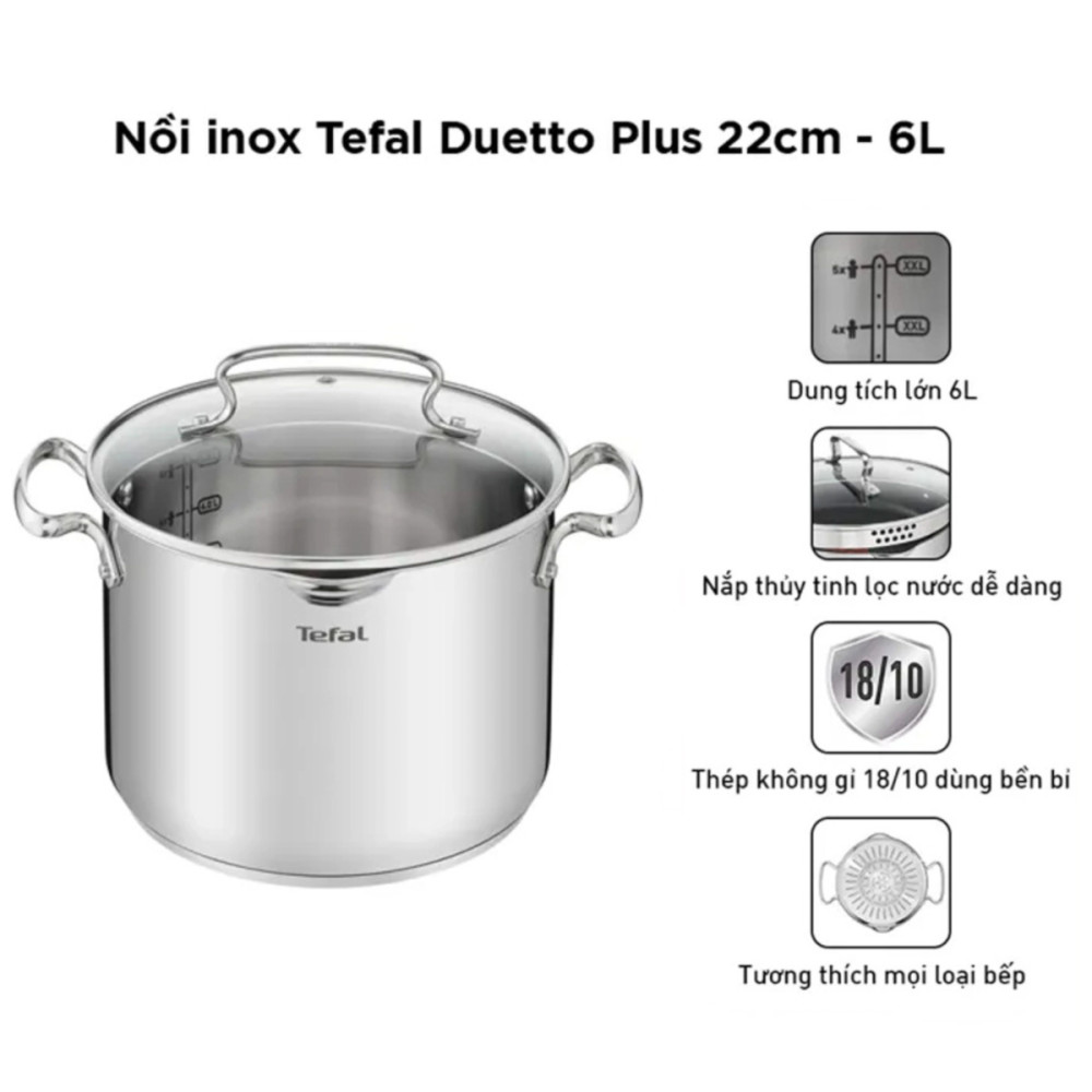 Nồi inox 304 cao cấp Tefal Duetto Plus 22cm cao 16cm dung tích 6.1L bảo hành 24 tháng - 699,000 ...