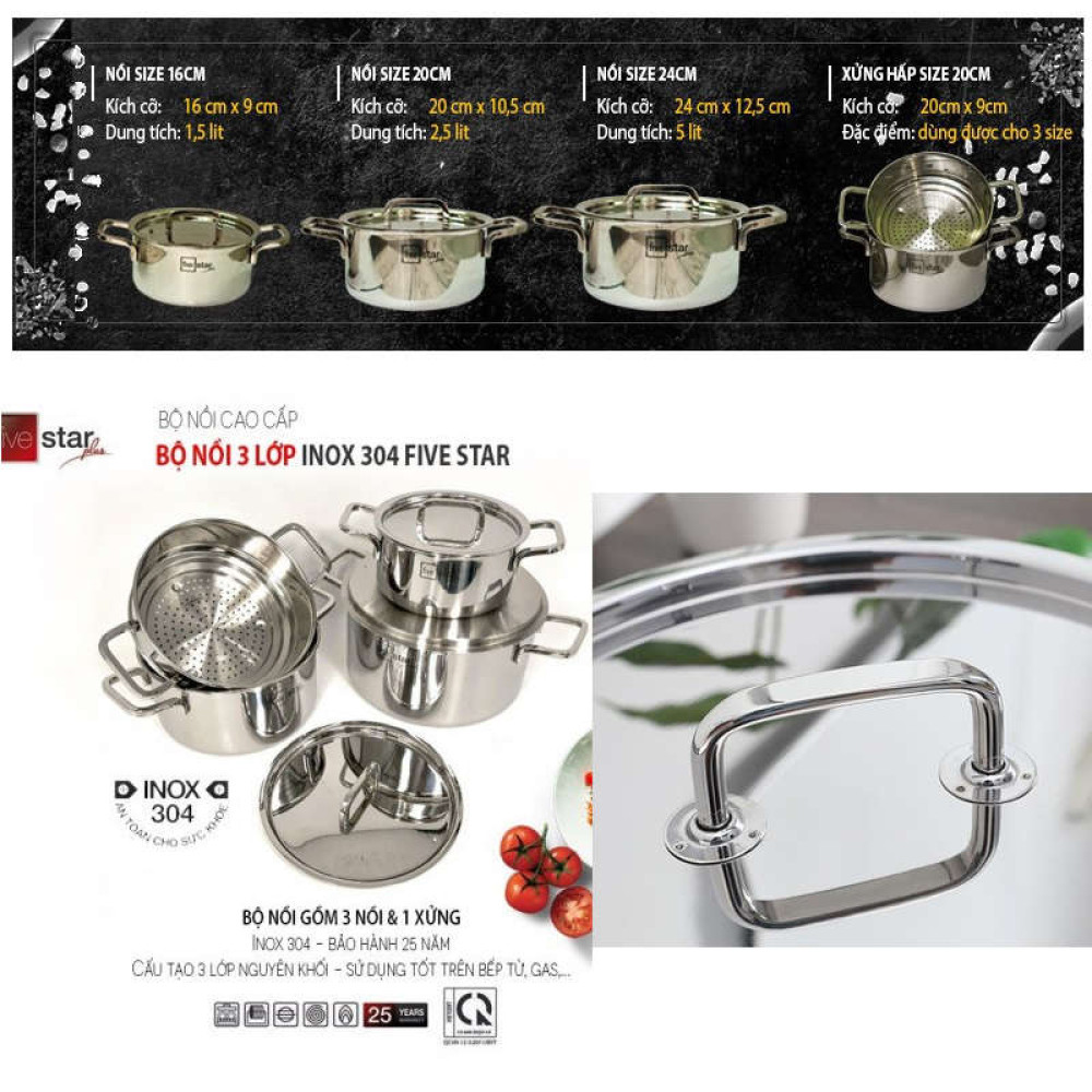 Bộ nồi xửng Inox 304 thân đúc đáy liền Fivestar Plus 20cm vung inox, bảo hành 25 năm - 699,000 ...